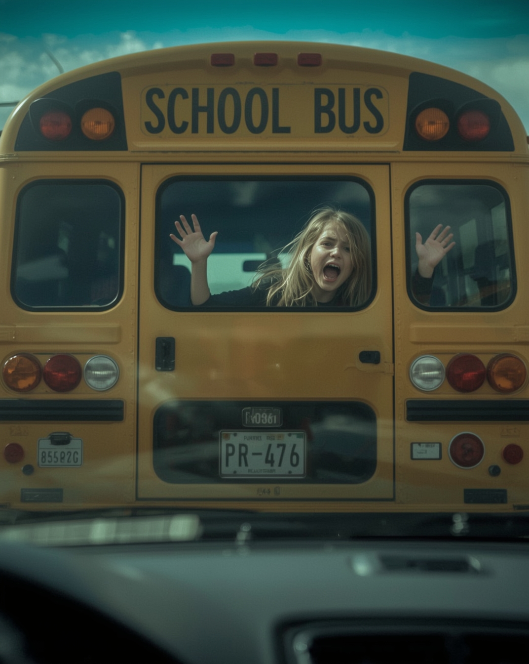 I saw a child on the school bus hitting the back window and yelling for ...